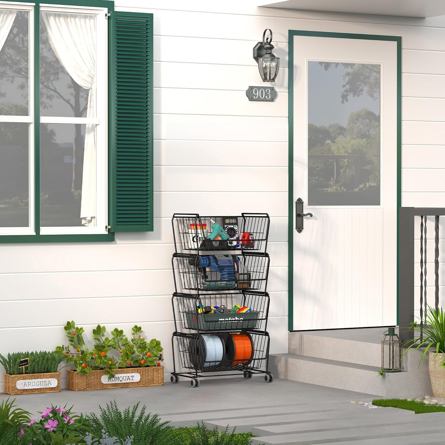 Stackable Metal Storage Carts - 4 Tier Black Storage Rack with Wheels ...