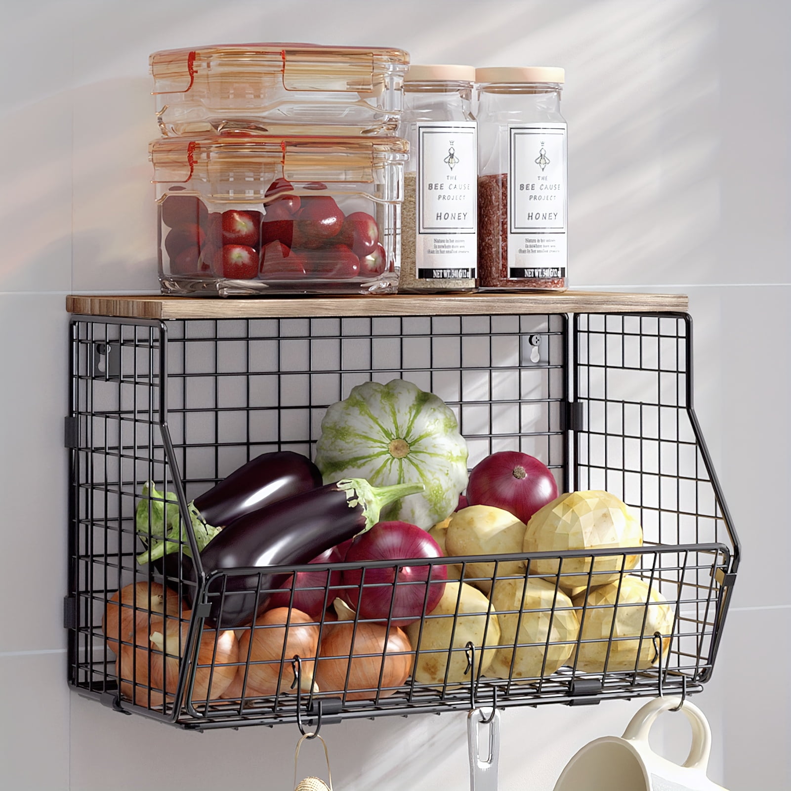 Stackable Metal Wire Fruit Basket with Lid - Hanging Kitchen Pantry ...