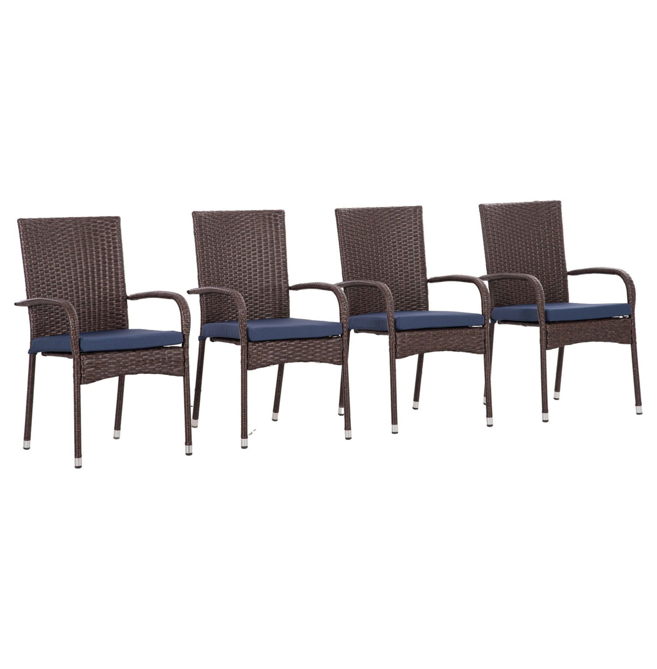 Stackable PE Rattan Outdoor Dining Chairs with Cushions, Set of 4 Patio ...