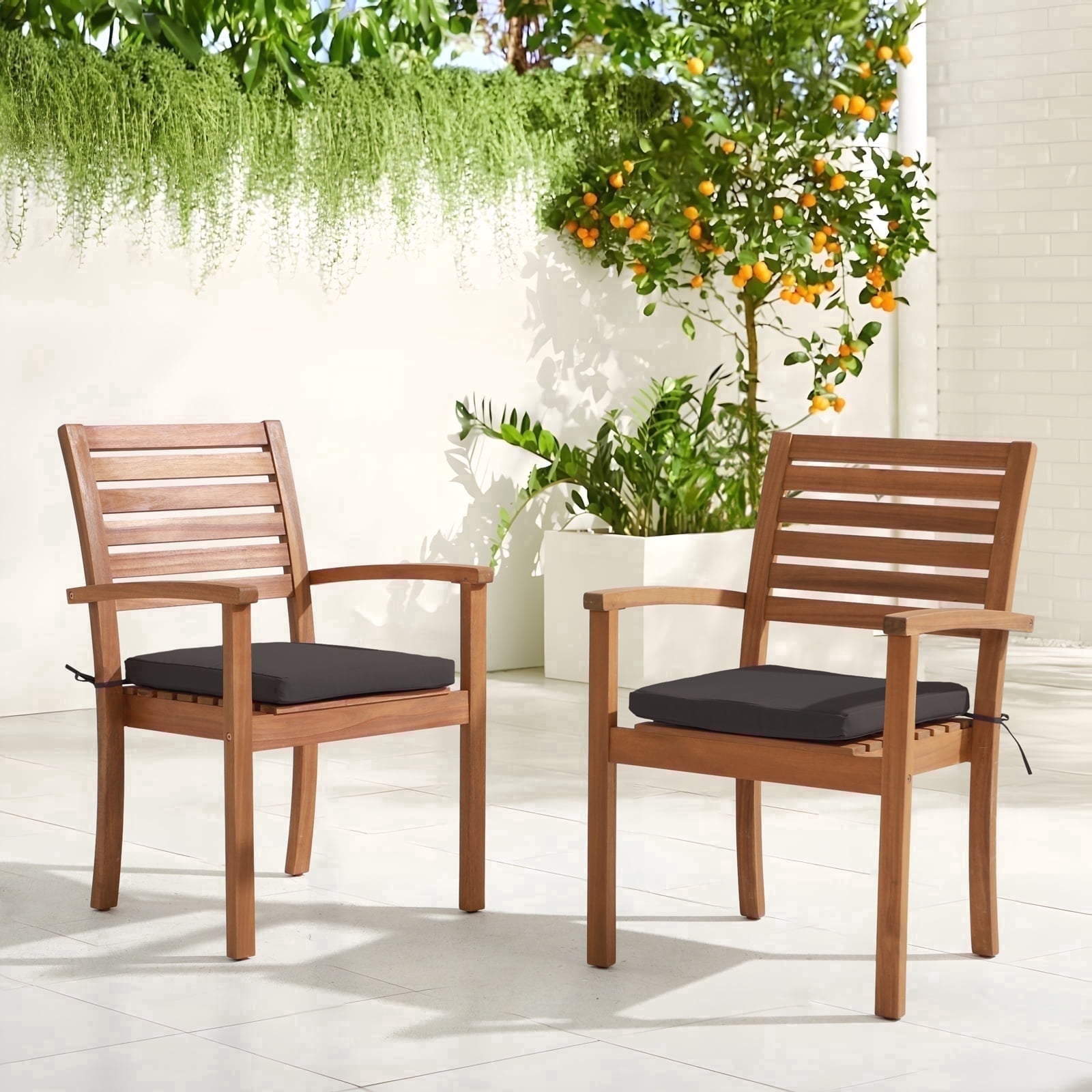 Stackable Patio Dining Chairs Set of 2, Outdoor Acacia Wooden Chairs w ...