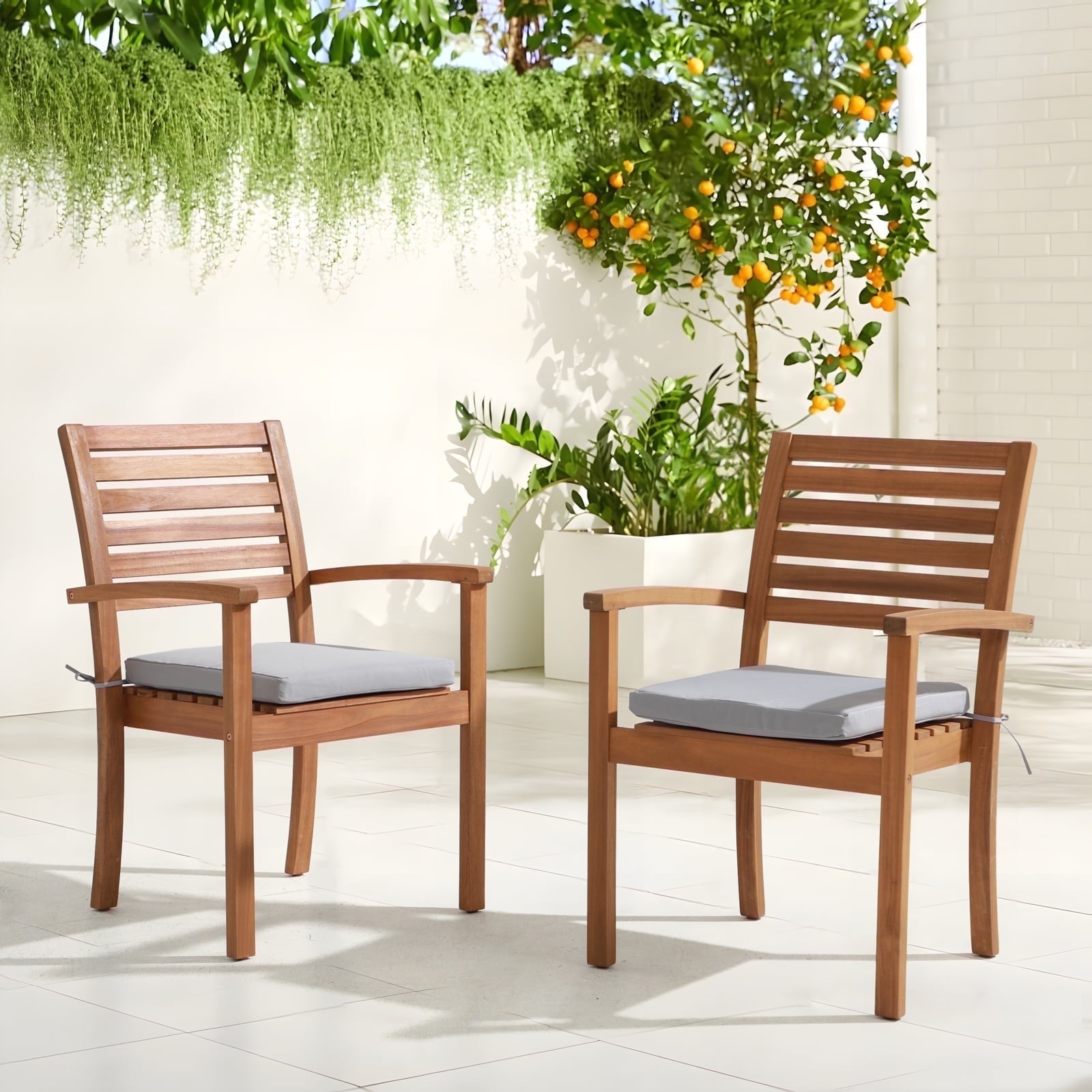 Stackable Patio Dining Chairs Set of 2, Outdoor Acacia Wooden Chairs w ...