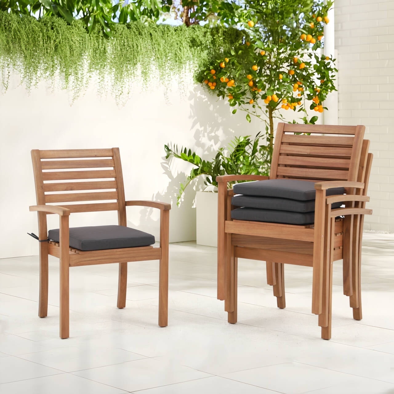 Stackable Patio Dining Chairs Set of 4, Outdoor Acacia Wooden Chairs w ...