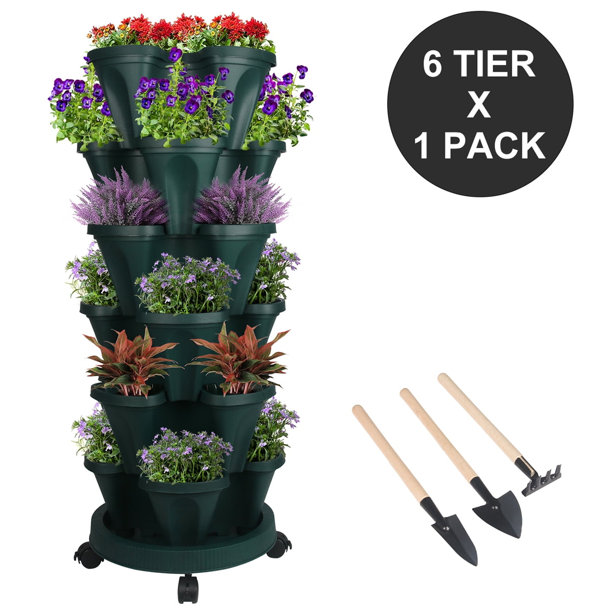 Stackable Planter 6 Tier with Wheels and Tools, Indoor Outdoor Pots ...