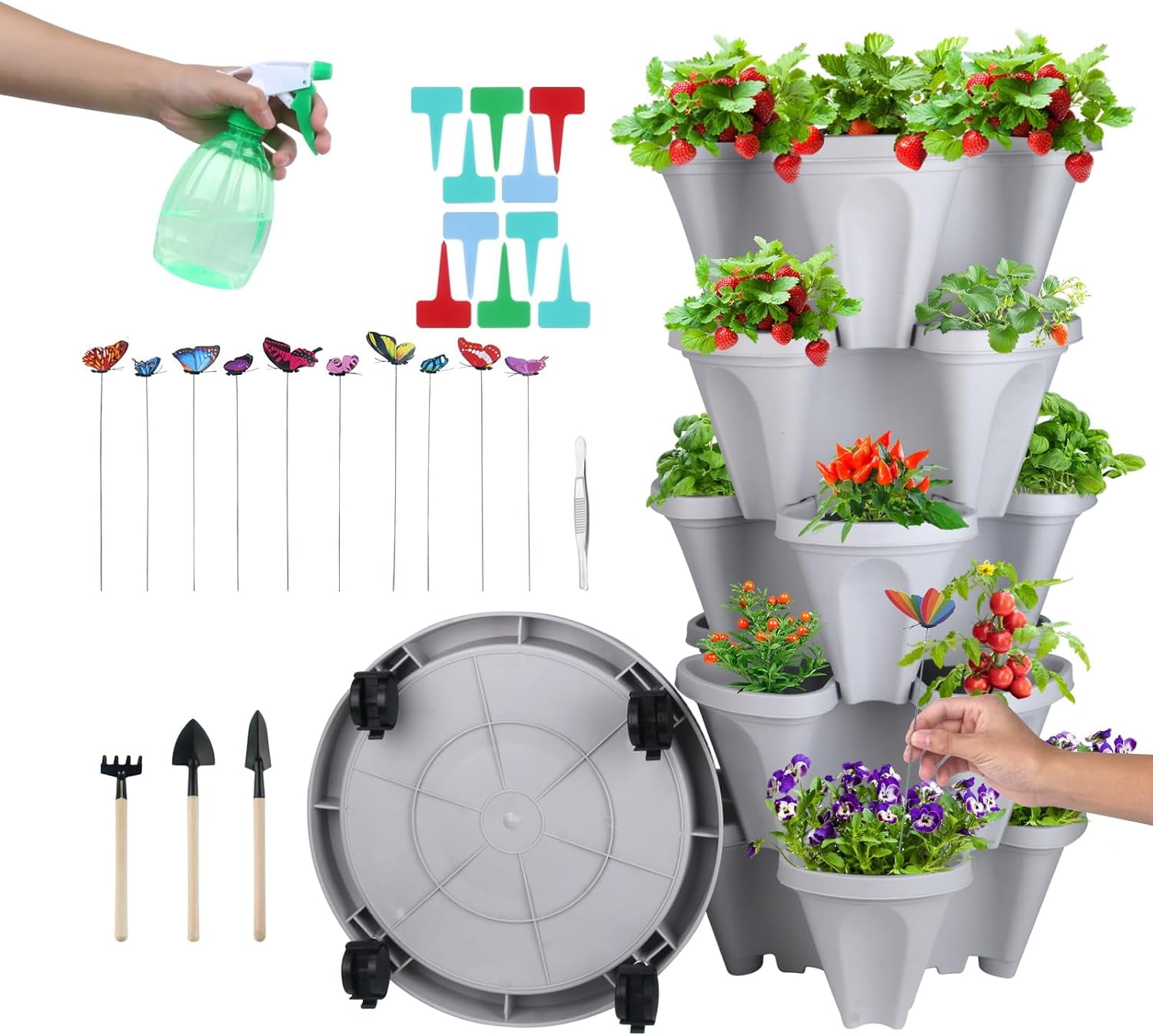 Stackable Planter, Vertical Strawberry Planter with Garen Tool Set, Self Watering Garden Planter ...