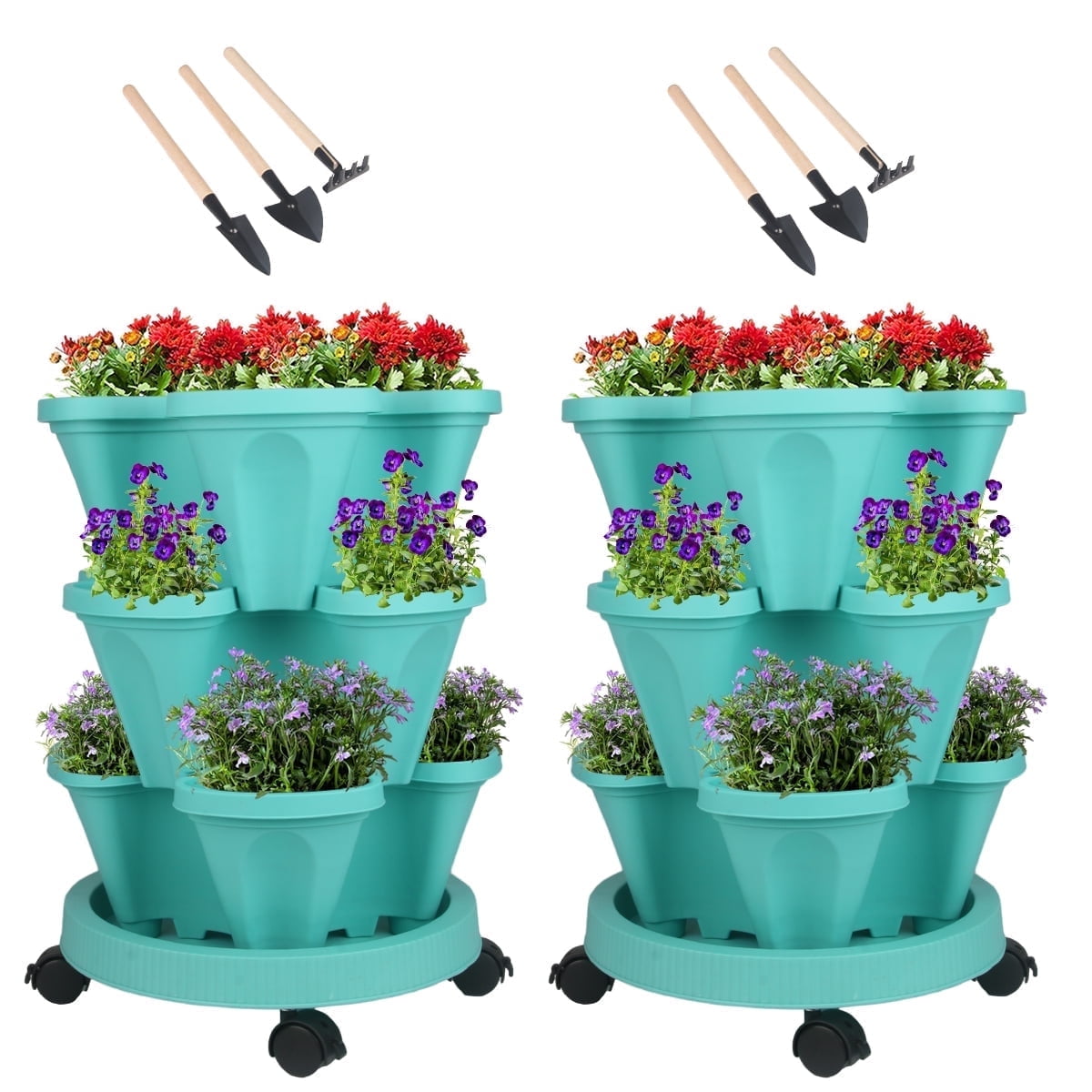 Stackable Planter with Wheels and Tools, Indoor Outdoor Gardening Pots - 3 Tier Vertical Garden ...