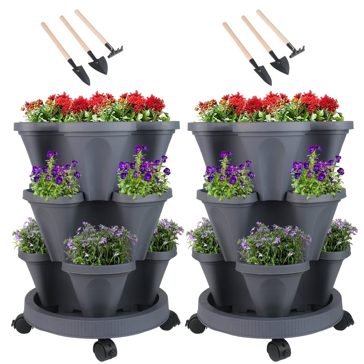 Stackable Planter with Wheels and Tools, Indoor Outdoor Pots - 3 Tier ...