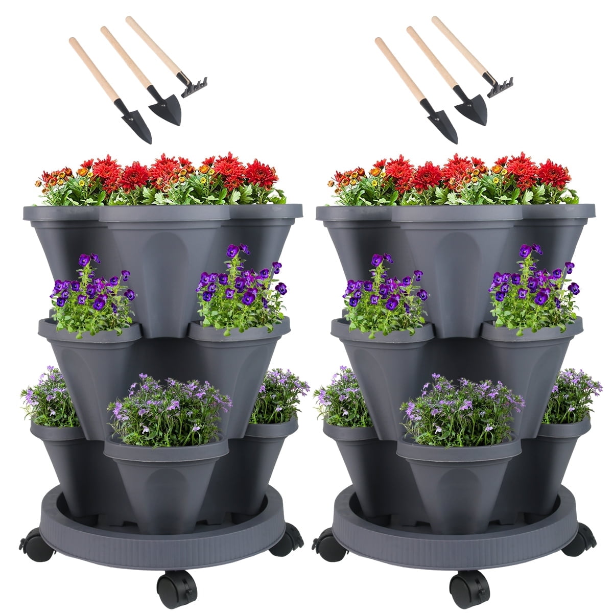 Stackable Planter with Wheels and Tools, Indoor Outdoor Pots - 3 Tier ...