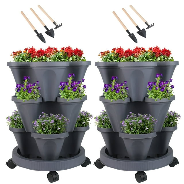 Stackable Planter with Wheels and Tools, Indoor Outdoor Pots - 3 Tier ...