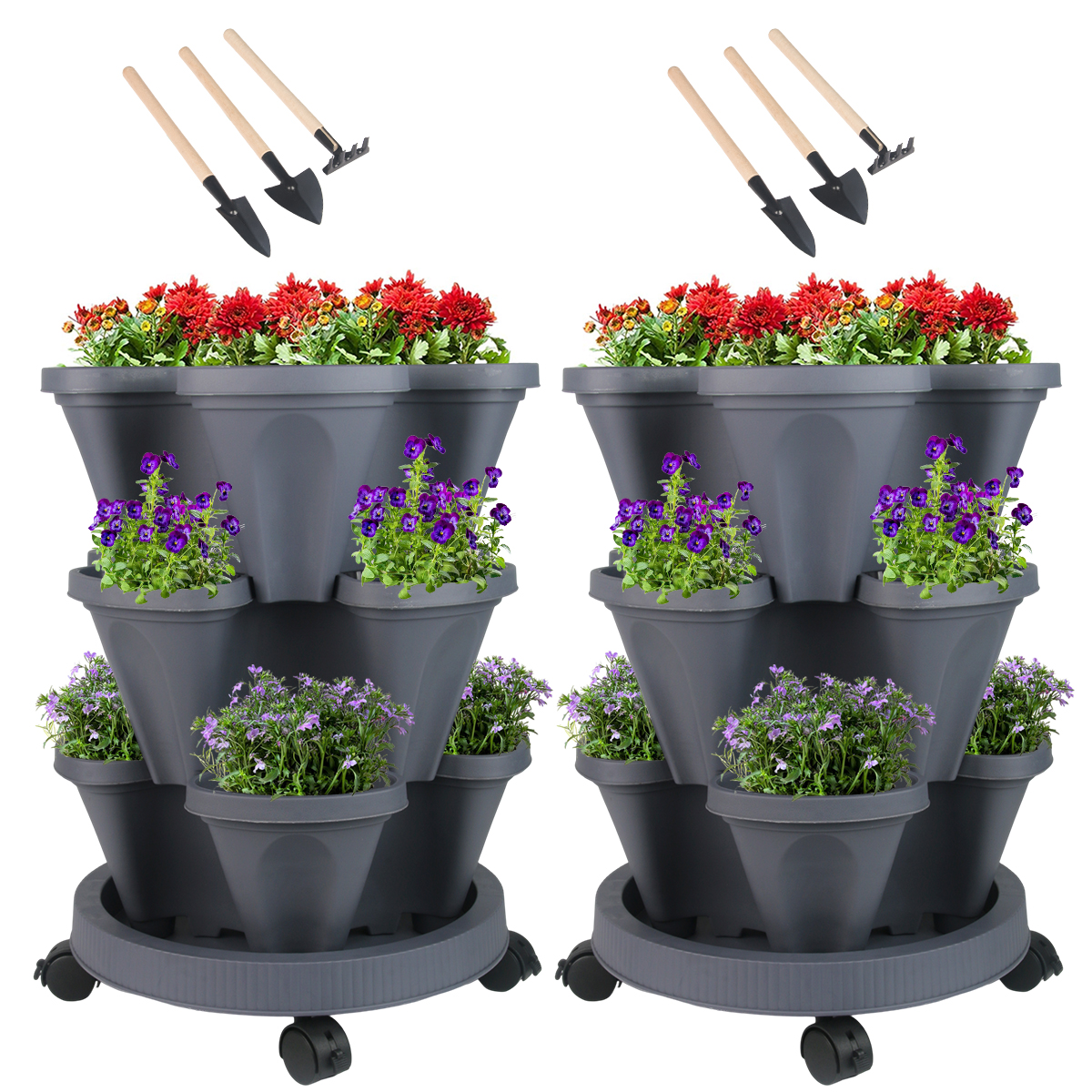 Stackable Planter with Wheels and Tools, Indoor Outdoor Pots - 3 Tier ...