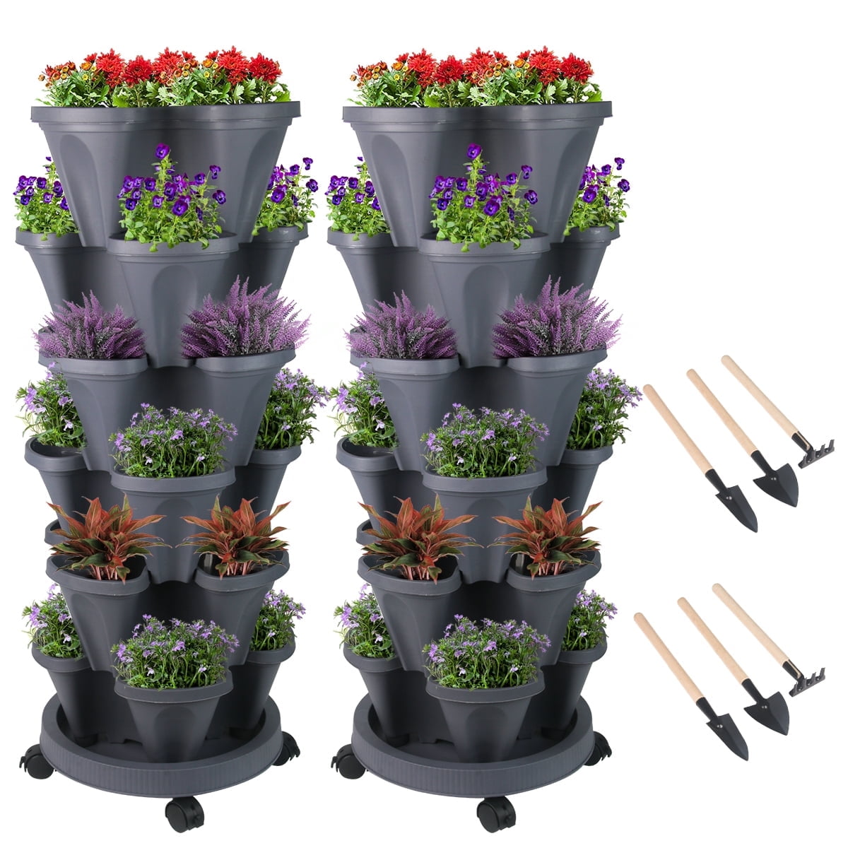 Stackable Planter with Wheels and Tools, Indoor Outdoor Pots - 6 Tier ...