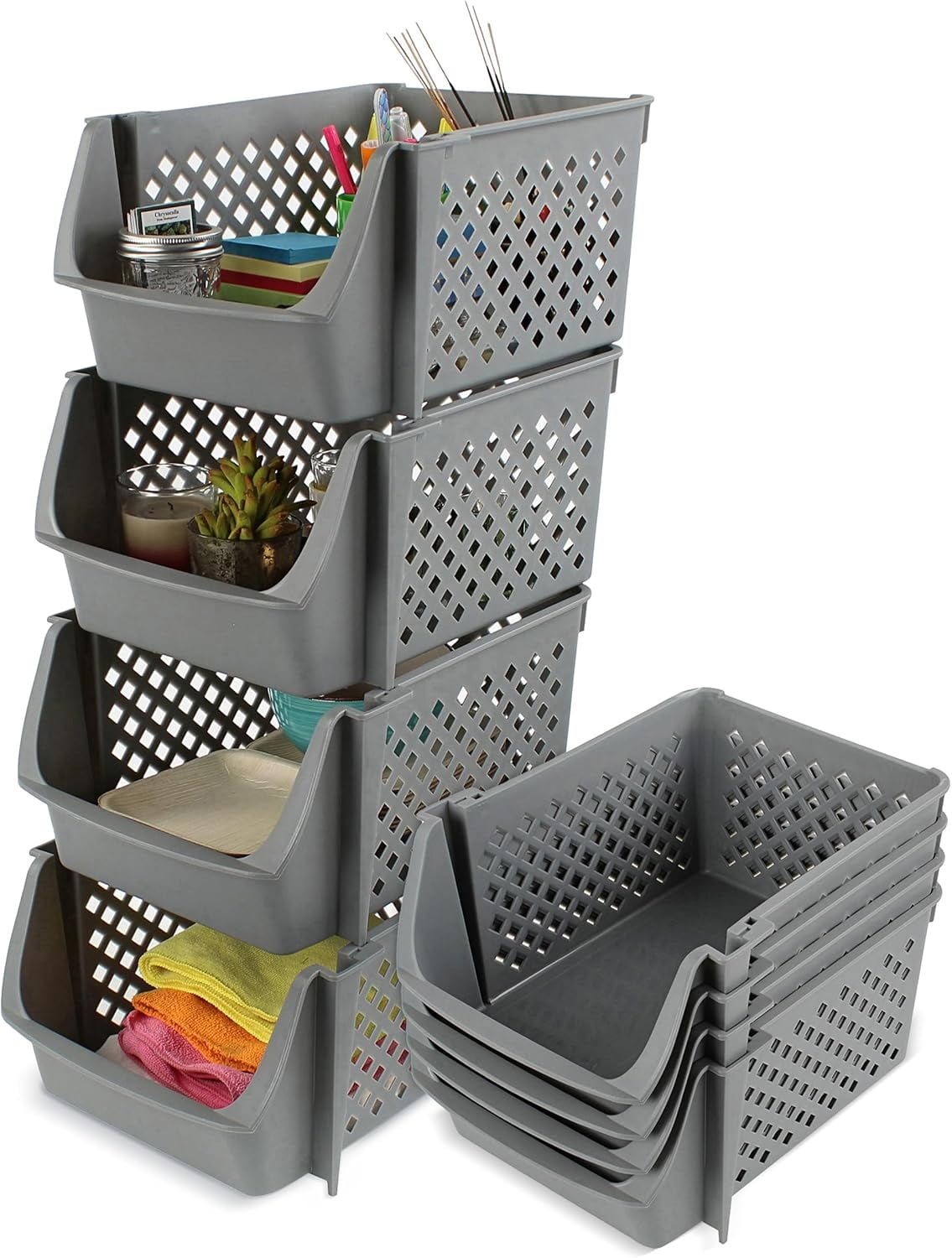 Stackable Plastic Bins - 4pc Gray Large Plastic Stackable Storage Bins ...