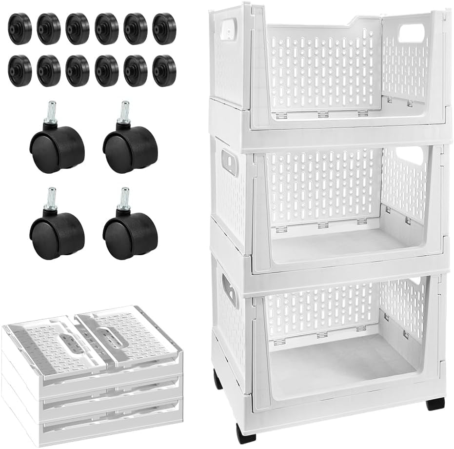 Stackable Plastic Storage Basket, 3 Pack Foldable Closet Organizers and ...
