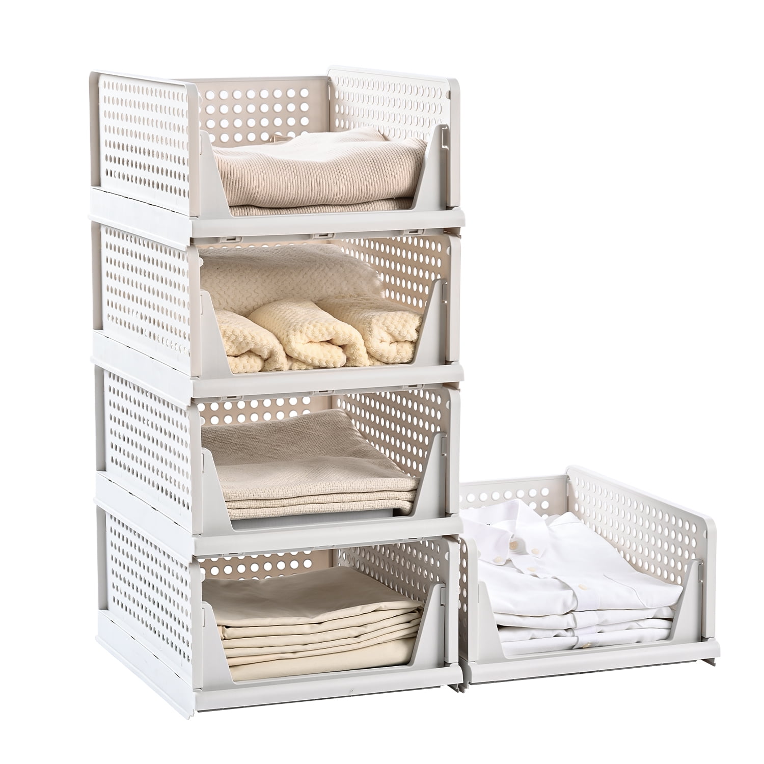 Stackable Plastic Storage Basket 5 Pack, Foldable Closet Organizers ...