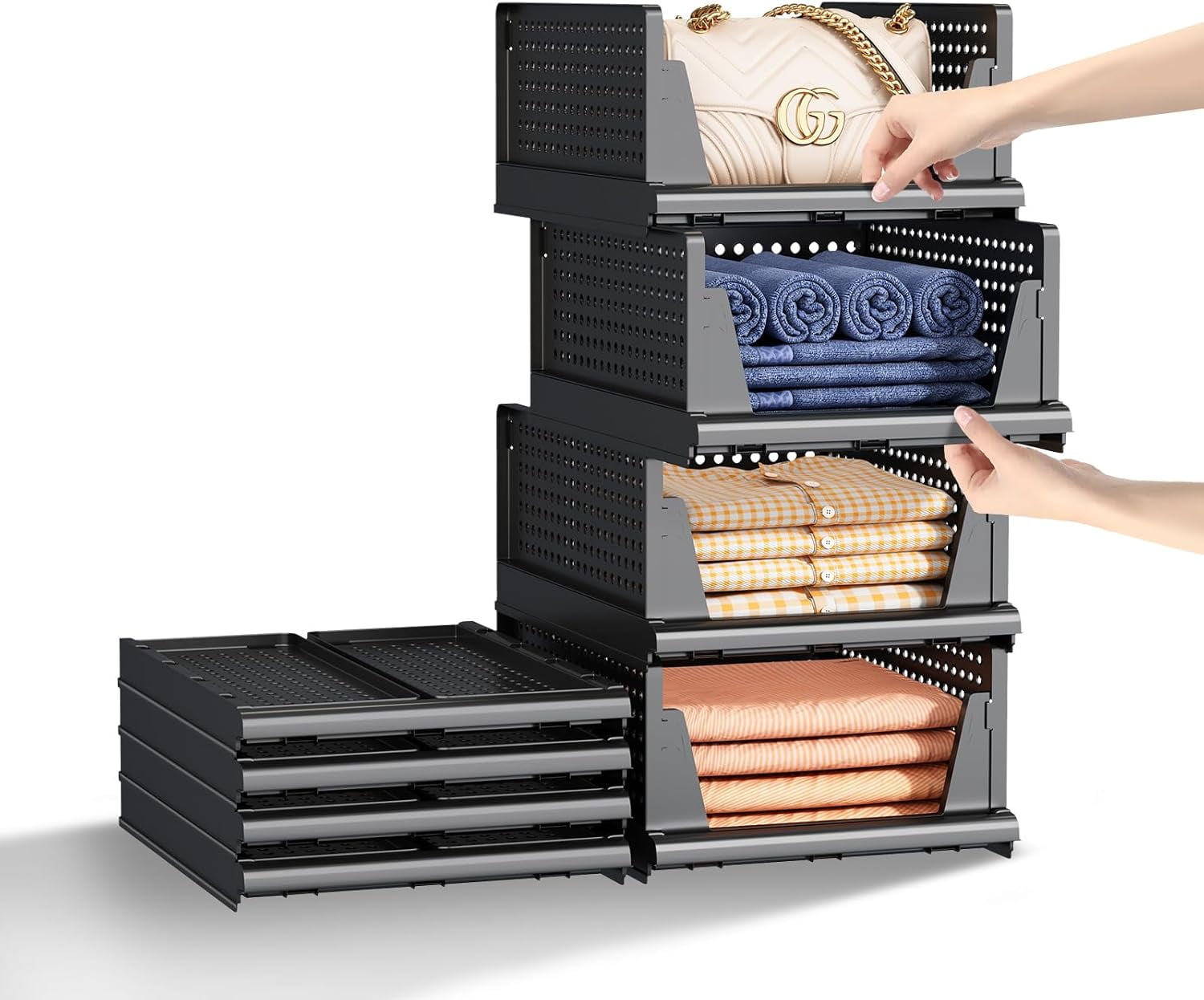 Stackable Plastic Storage Basket, 4 Pack Folding Closet Organizer and ...