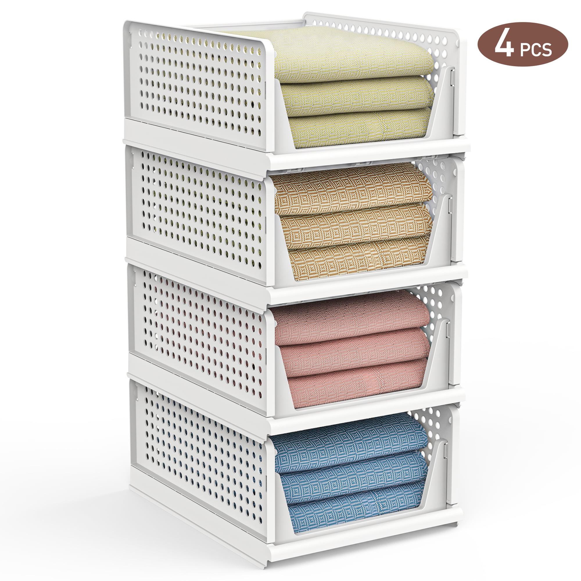 Stackable Plastic Storage Basket, 4 Pack Folding Closet Organizers ...