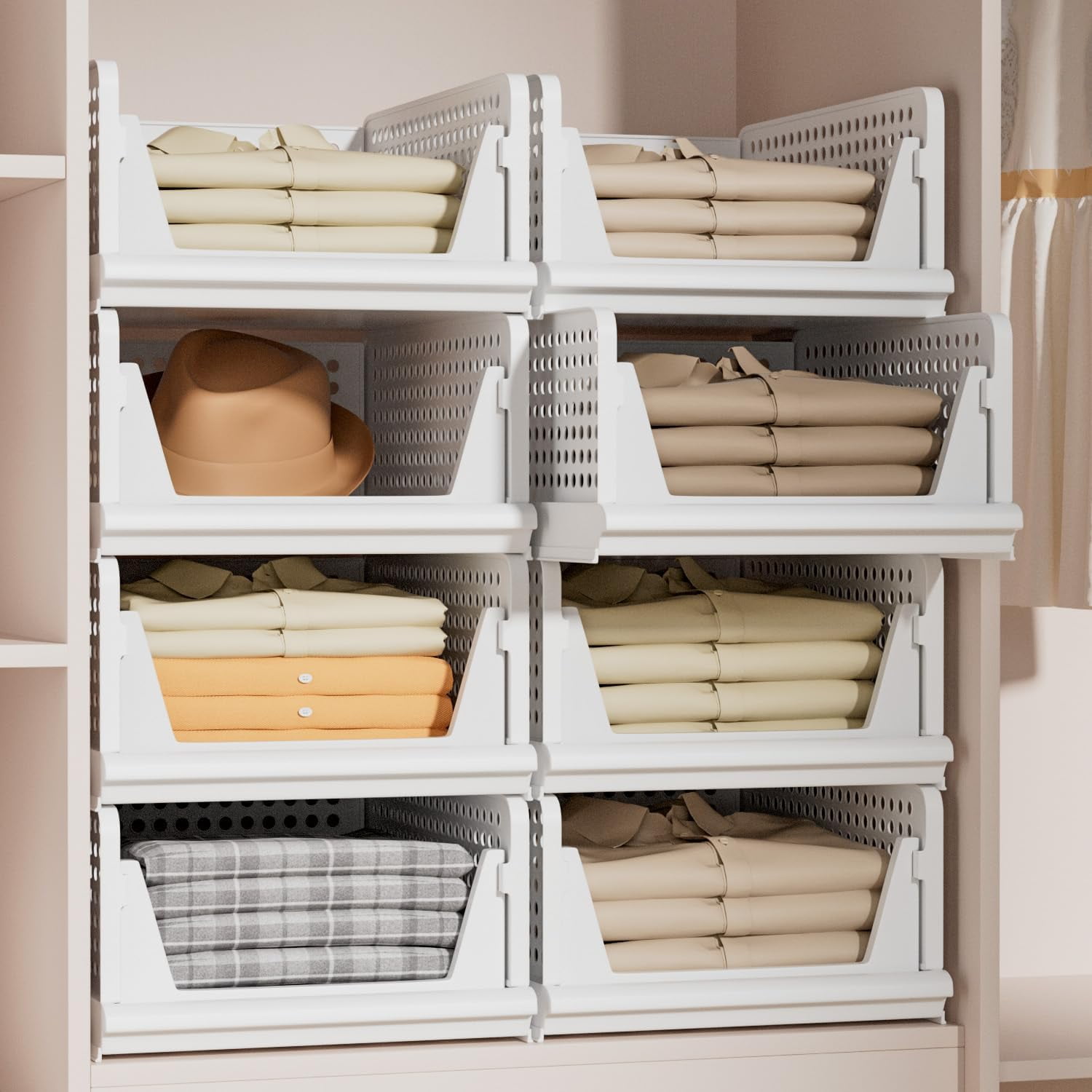 Stackable Plastic Storage Basket Closet Organizer Bin Foldable Clothes ...