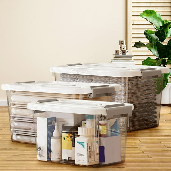 Stackable Plastic Storage Bins with Lids, Clear Plastic Bins with Grey ...