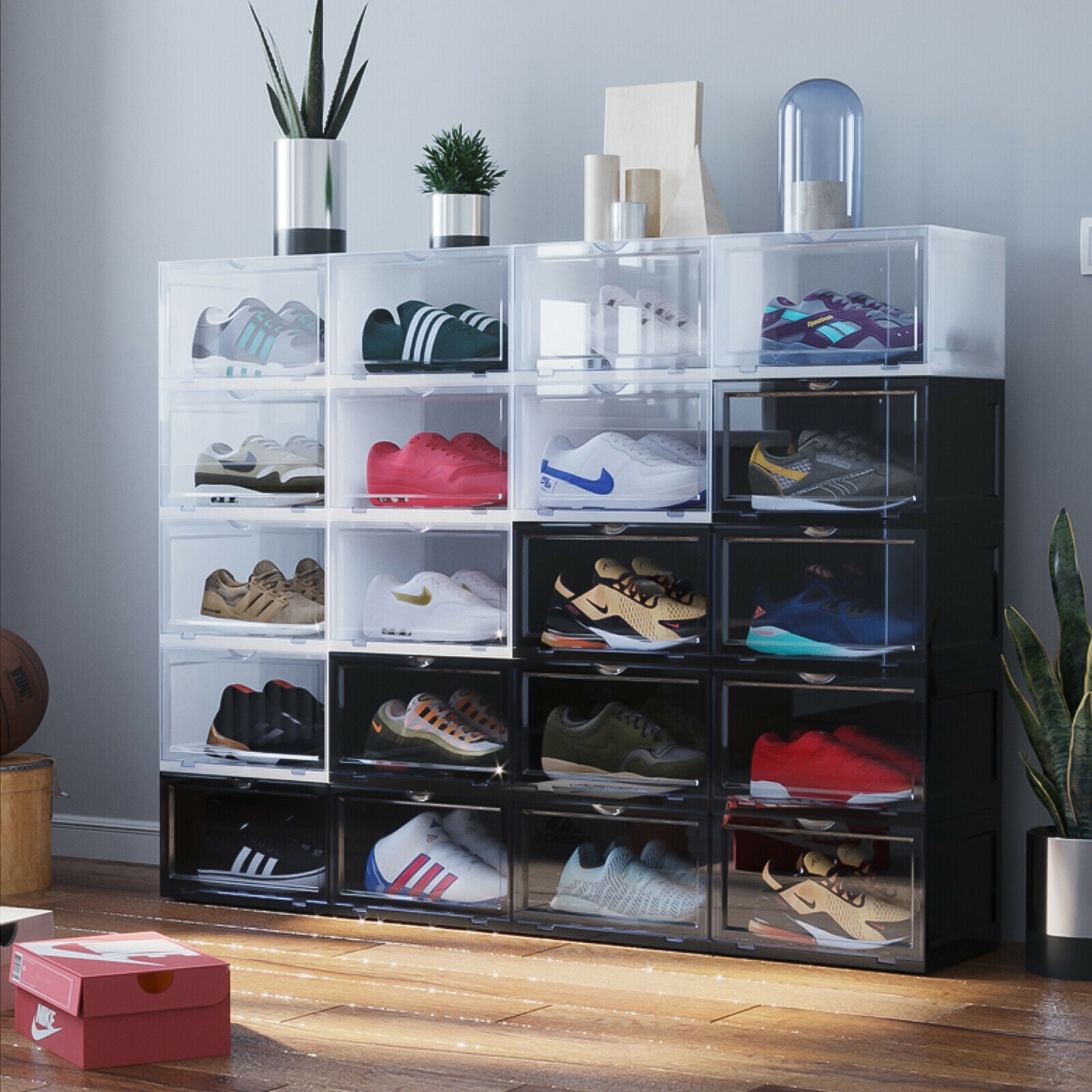 Stackable Shoe Box Magnetic Plastic Sneaker Storage Container Drop Side ...