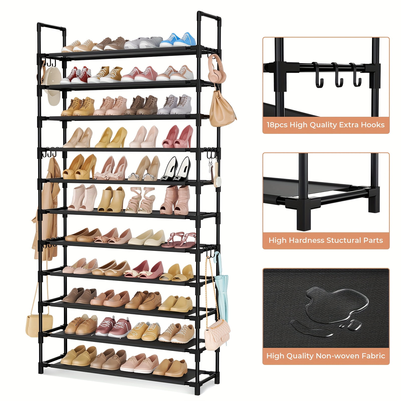 [Stackable Shoe Rack] Black Large Capacity Shoe Storage Cabinet, 11 ...