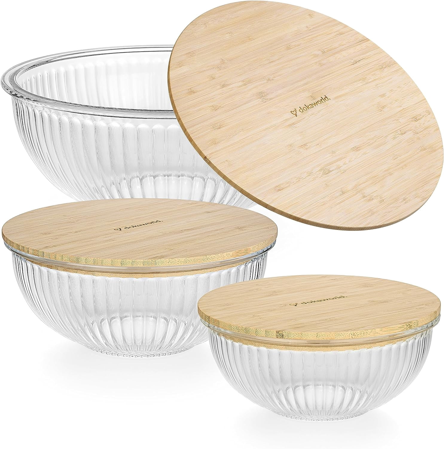 Stackable Space-Saving Nesting Set of 3 Glass Bowls with Bamboo Lids ...