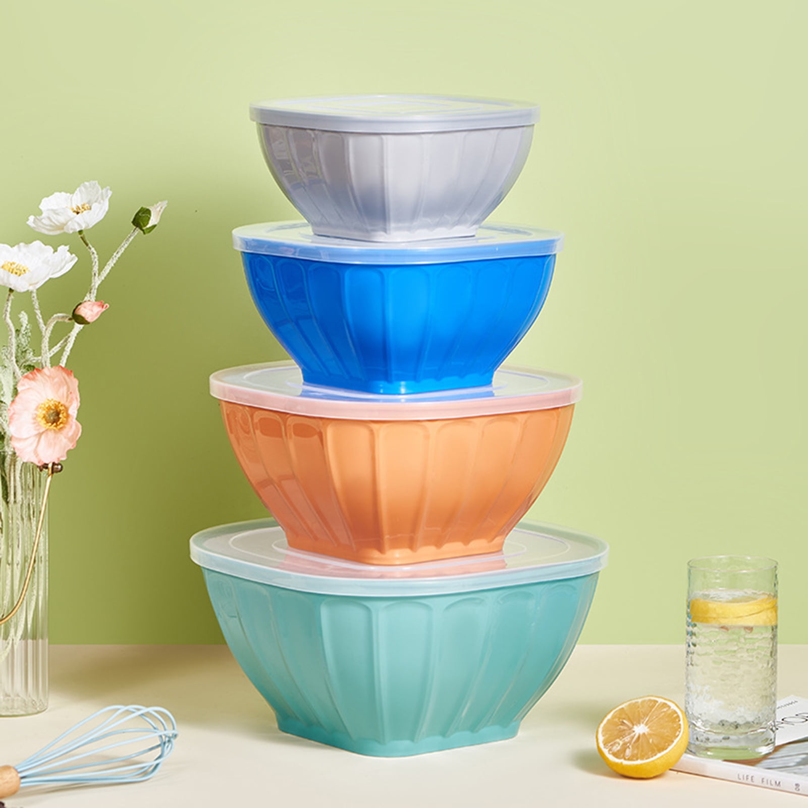 Stackable Square Plastic Bowl with Lid Large Opening Space-saving Meal ...