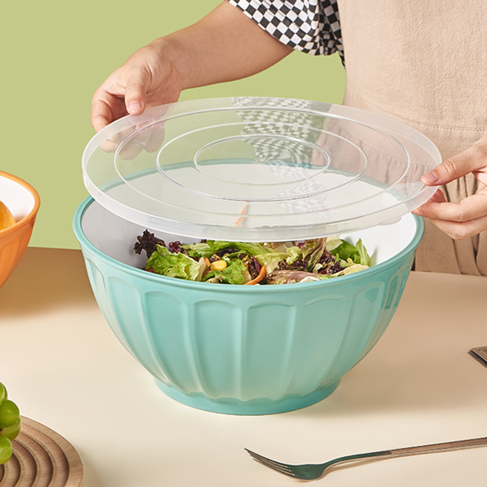 Oiur Square Plastic Salad Bowl with Lid Large Stackable Food Storage ...
