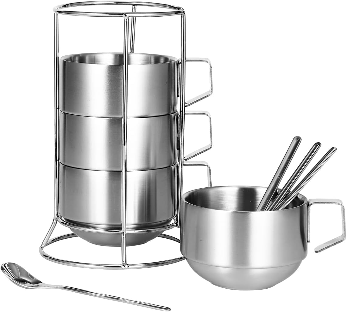 Stackable Stainless Steel Coffee Mugs, Coffee Cups Set of 4 with Spoons ...