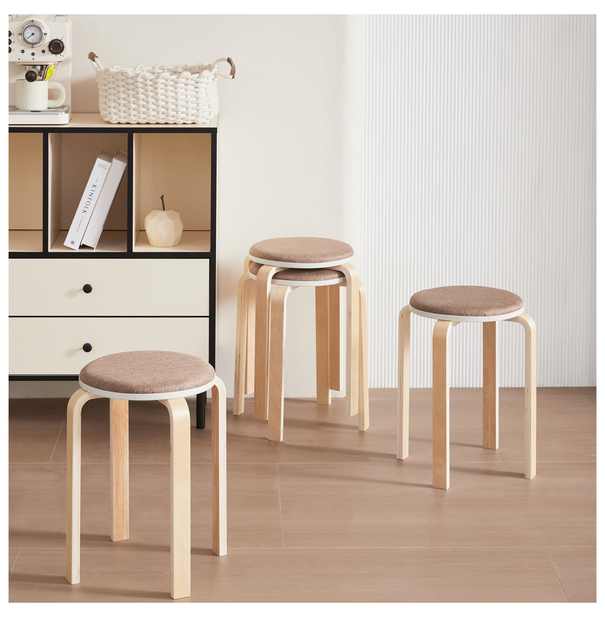 Stackable Stools 4-Pack, Round Backless Wood Chairs for Dining, Kitchen ...