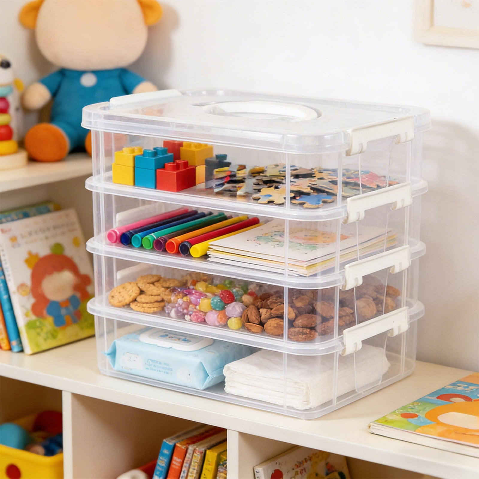 Stackable Storage Bins, 4-Layer Plastic Desktop Organizer with Handles ...