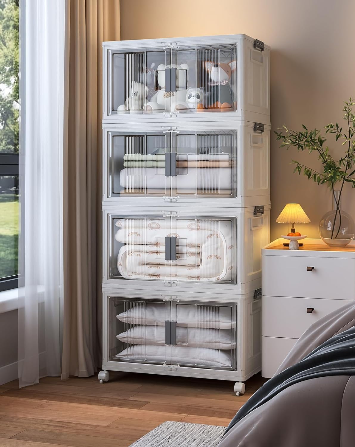 Stackable Storage Bins with Lids - Folding Storage Box with Doors and ...