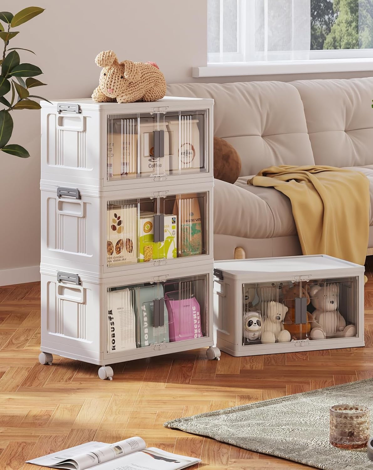 Stackable Storage Bins with Lids - Folding Storage Box with Doors and ...