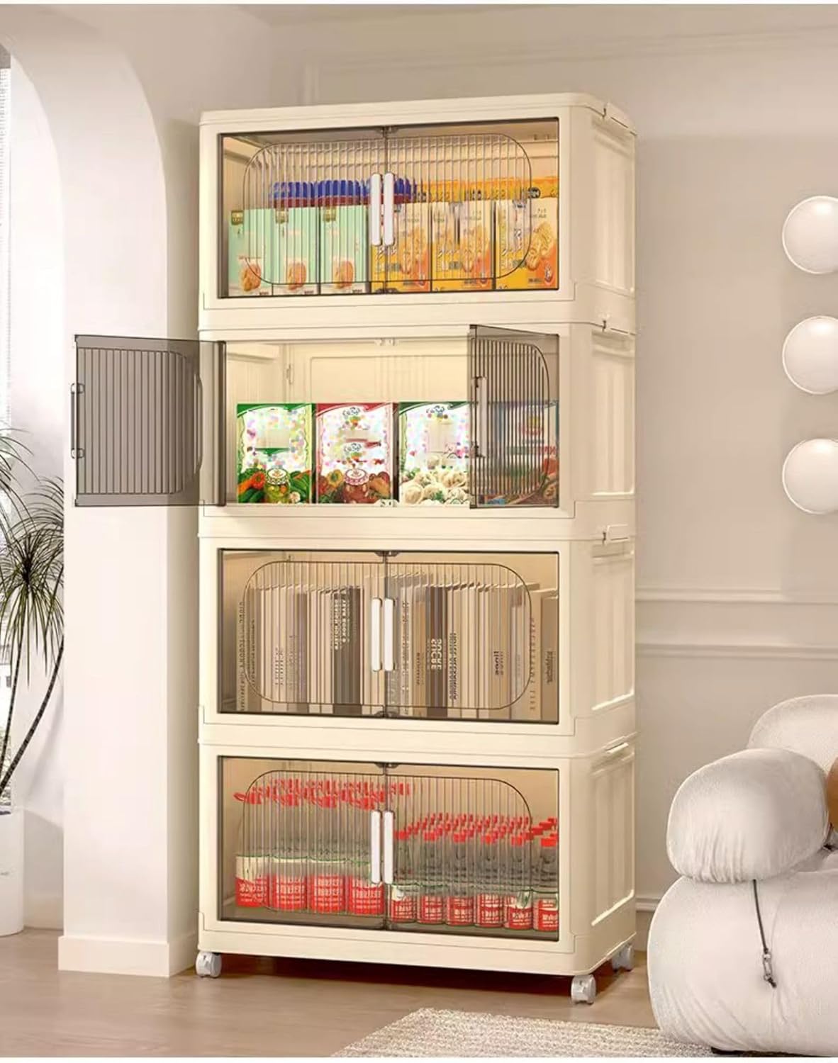 Stackable Storage Bins with Lids, 4-Tier Folding Storage Box with Doors ...