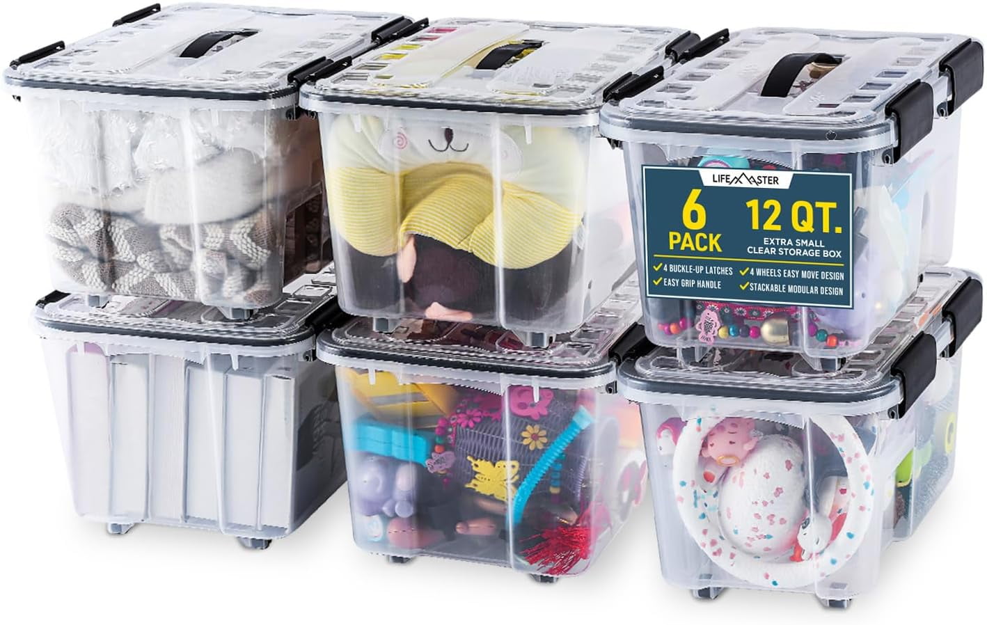 Stackable Storage Boxes - Clear Plastic, Black Seal, Modular Design 12 ...