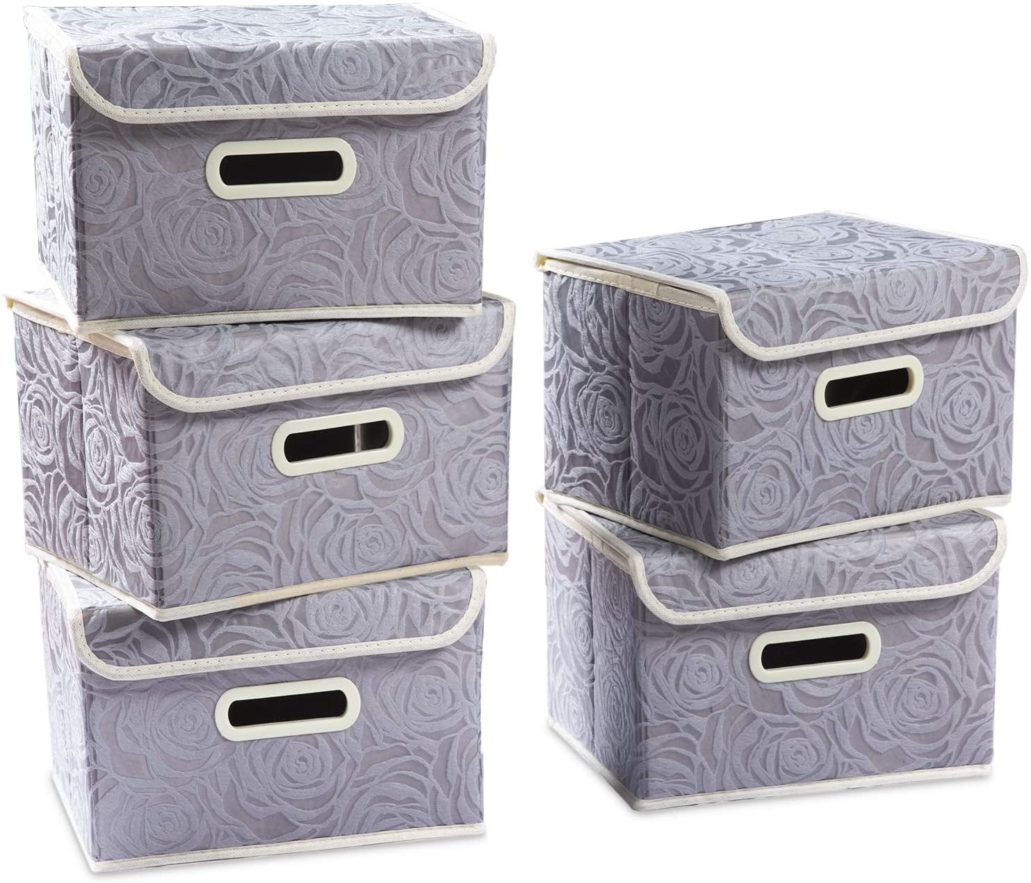 Stackable Storage Boxes with Lids [5-Pack] Fabric Decorative Storage ...