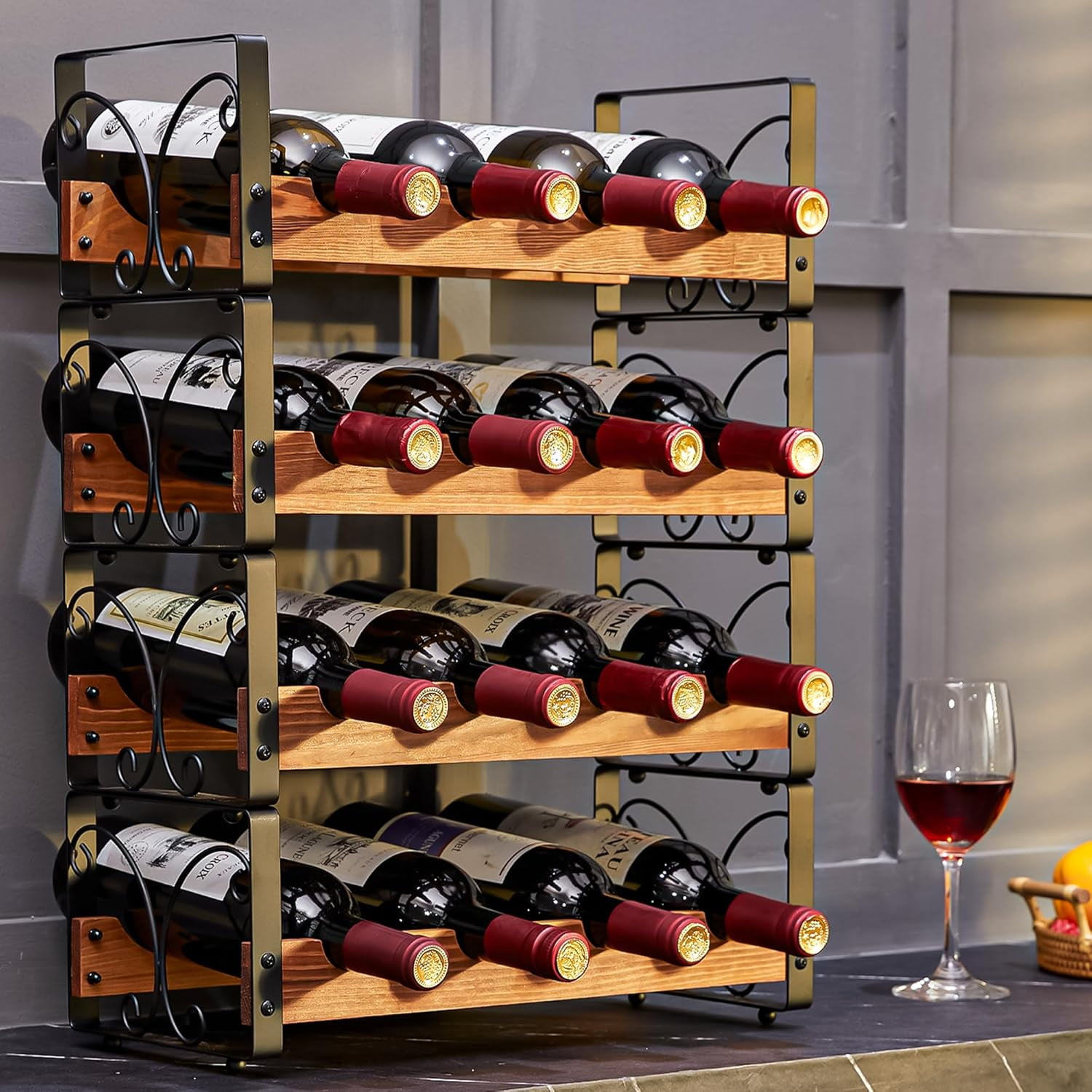 Stackable Wine Rack for 16 Bottles, 4 Tier Wine Storage Cabinet Shelf ...