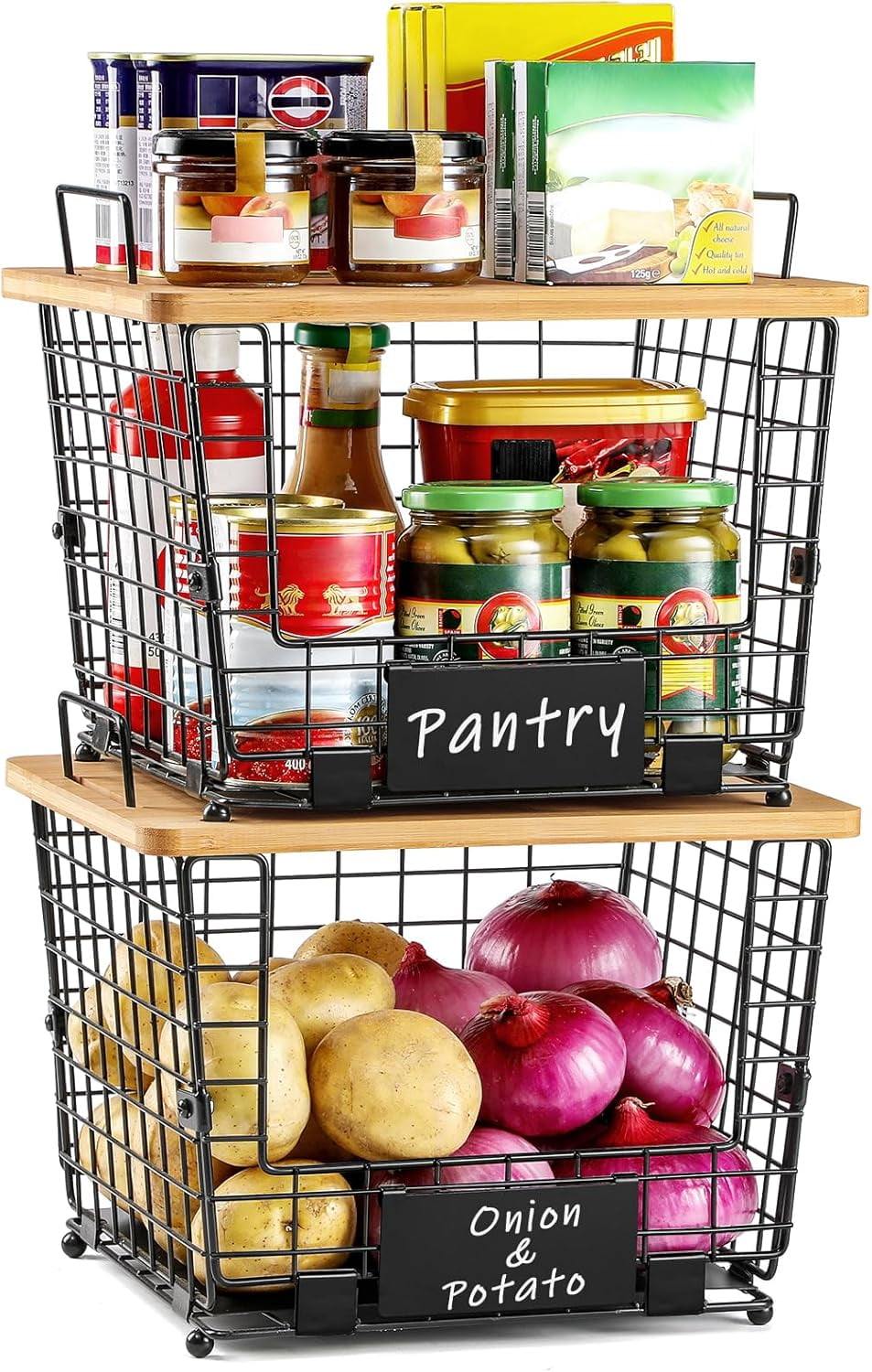 Stackable Wire Basket with Bamboo Tops & Tag- Pantry Organizer and ...