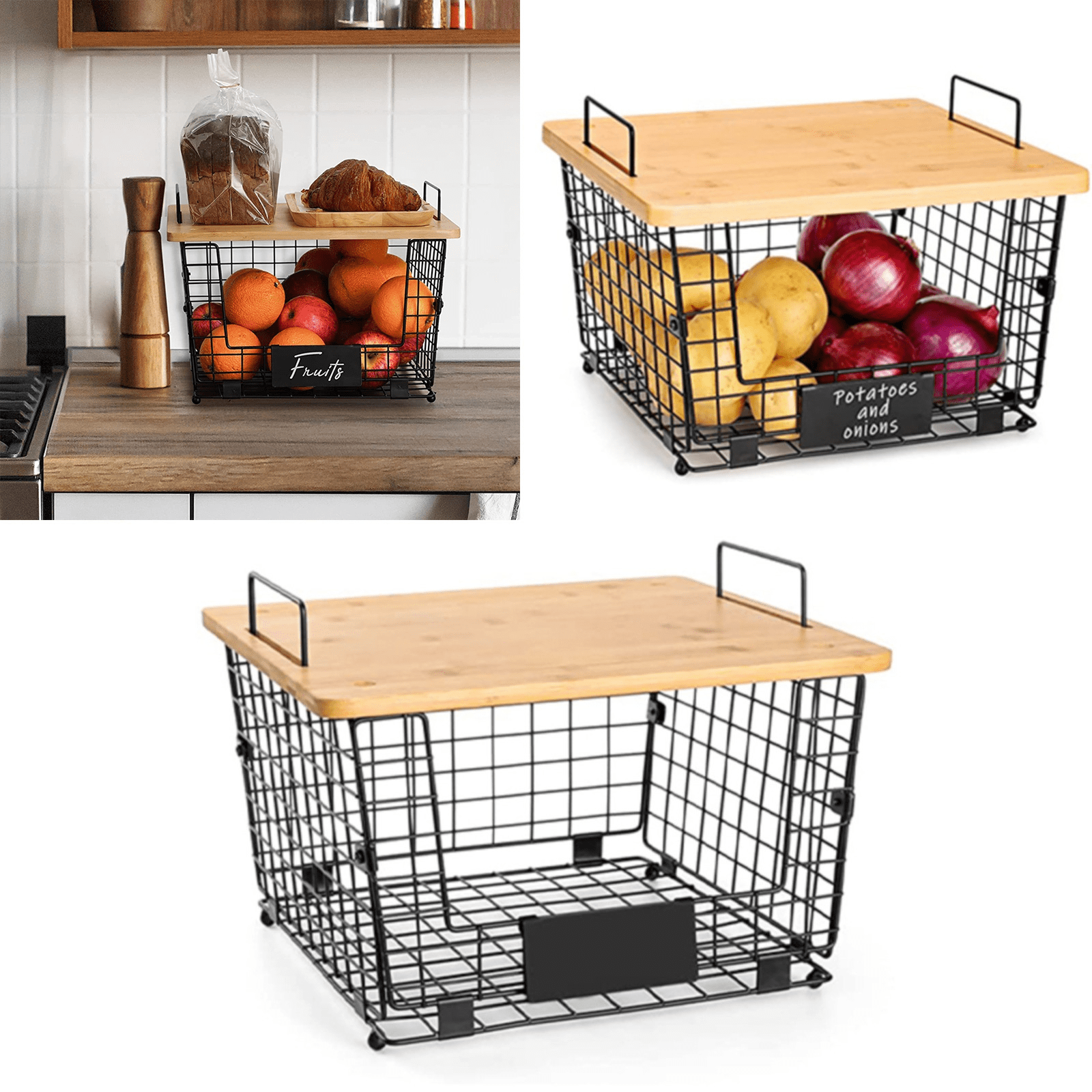 Stackable Wire Basket With Top Kitchen Counter Pantry Organizer And Storage Produce Onion Potato ...