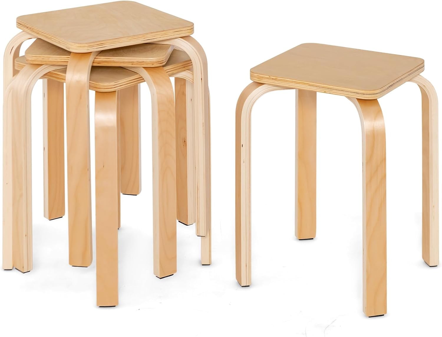 Stackable Wooden Stools Set of 4, Backless Chairs with Square Top, Anti ...