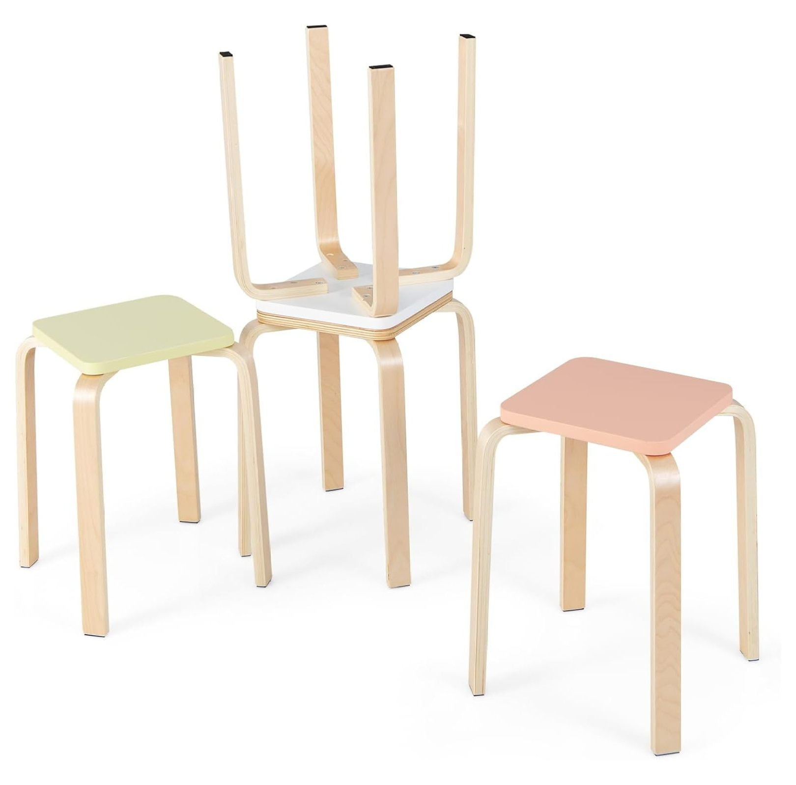 Stackable Wooden Stools Set of 4, Portable 18-Inch Height Backless ...