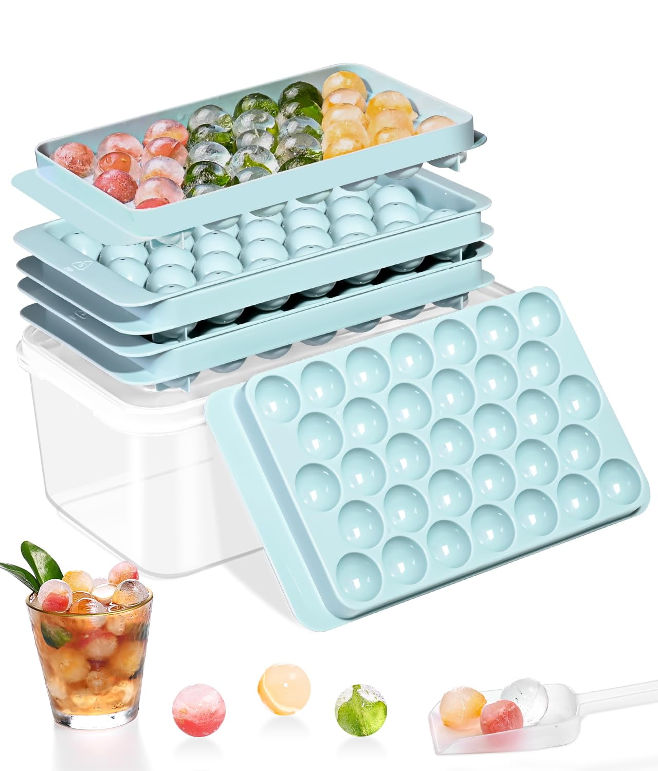 Stackable round ice cube tray set with lid and container. Round ice ...