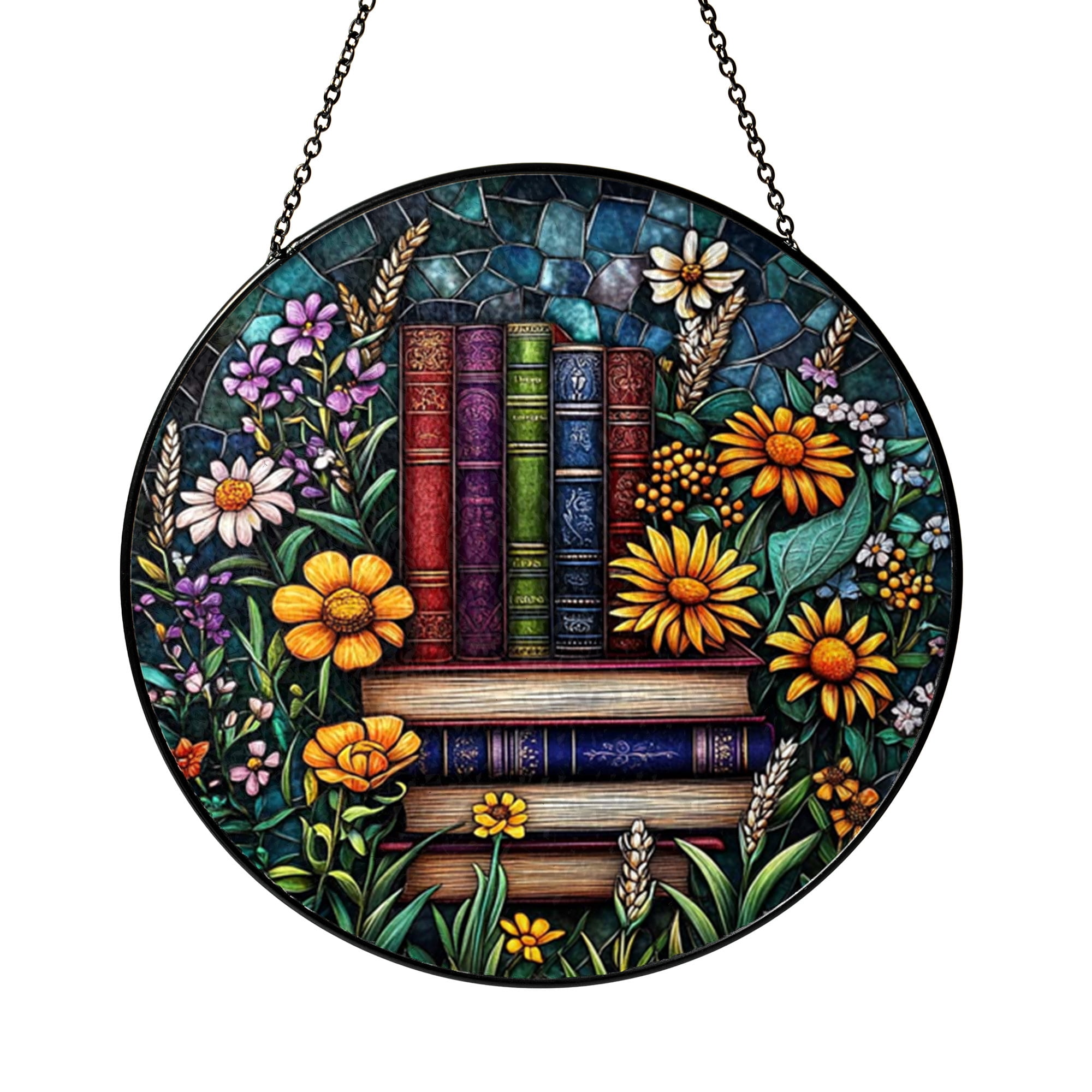 Stacked Books Floral Scene Stained Glass Style Window Decor, Reading ...