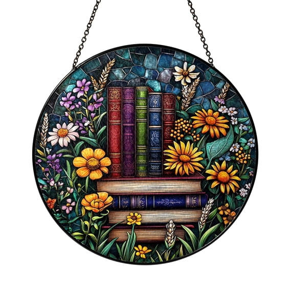 Stacked Books Floral Scene Stained Glass Style Window Decor, Reading ...