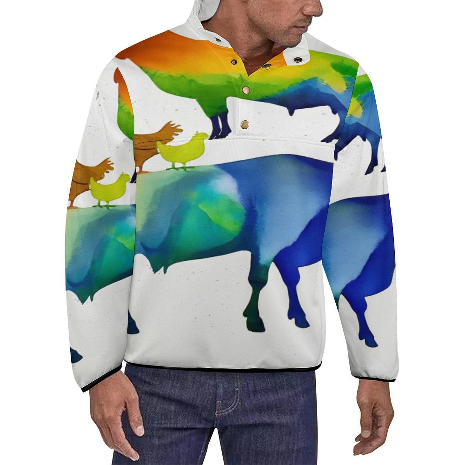 Stacked Farm Animals Art Men's Stand Collar Sweater Long Sleeve ...