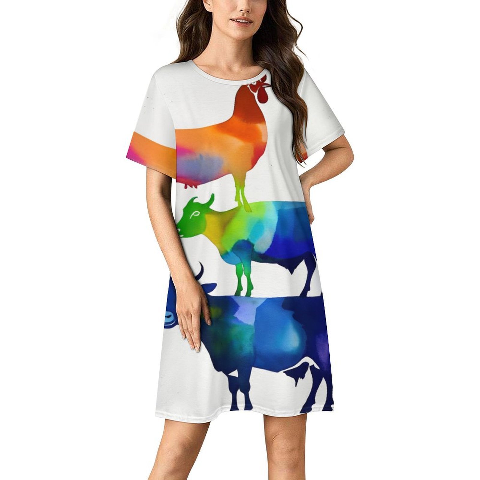 Stacked Farm Animals Art Women Nightgown Sleepwear Short Sleeves For ...