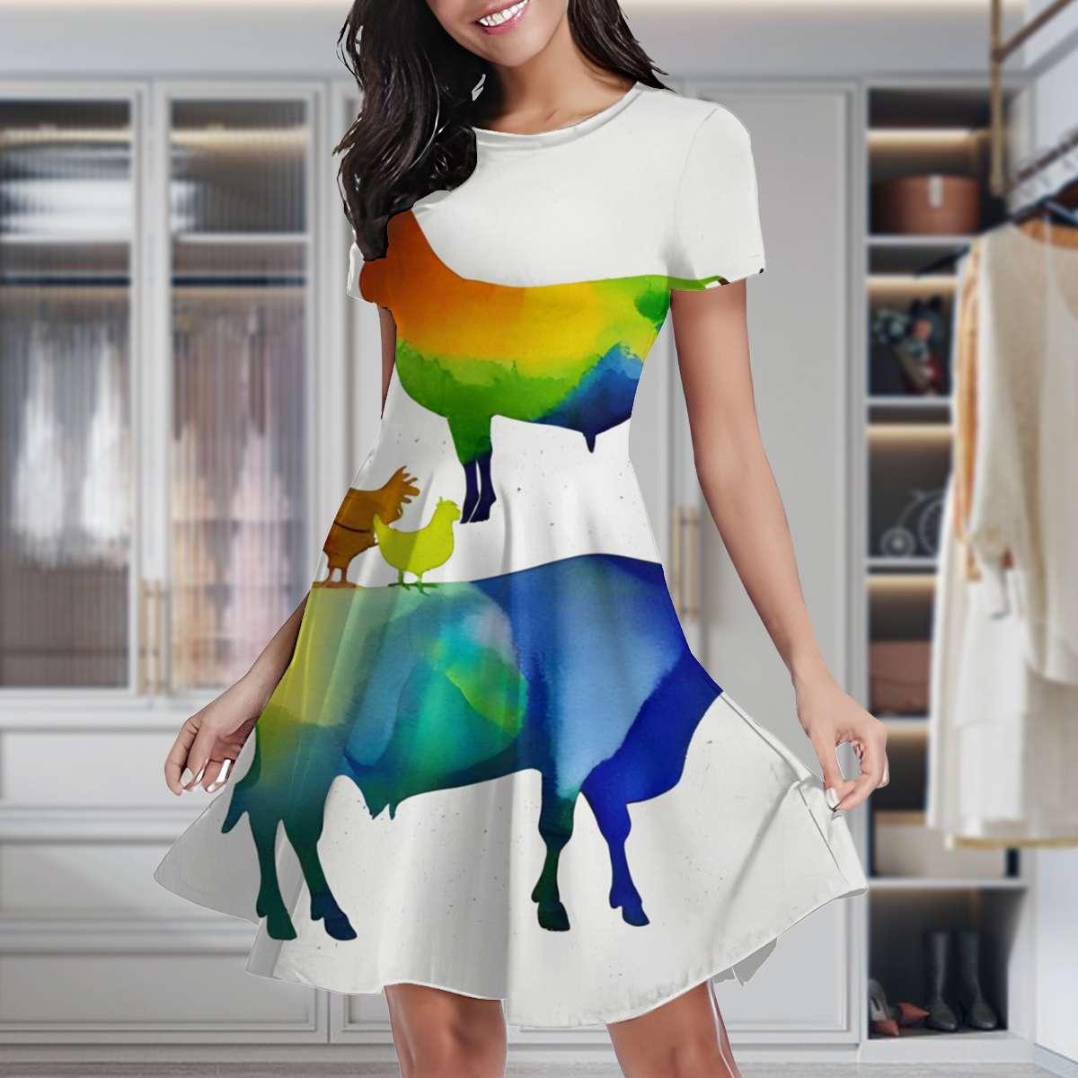 Stacked Farm Animals Art Women's Classic Swing Skater Dress Casual Work ...