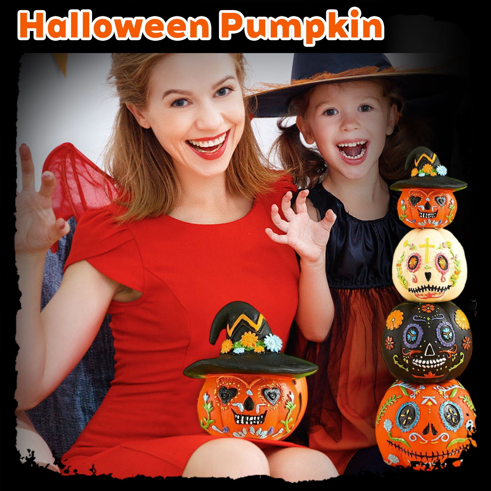 Stacked Halloween Pumpkin Decoration, 4-Tier Colorful Day of the Dead ...