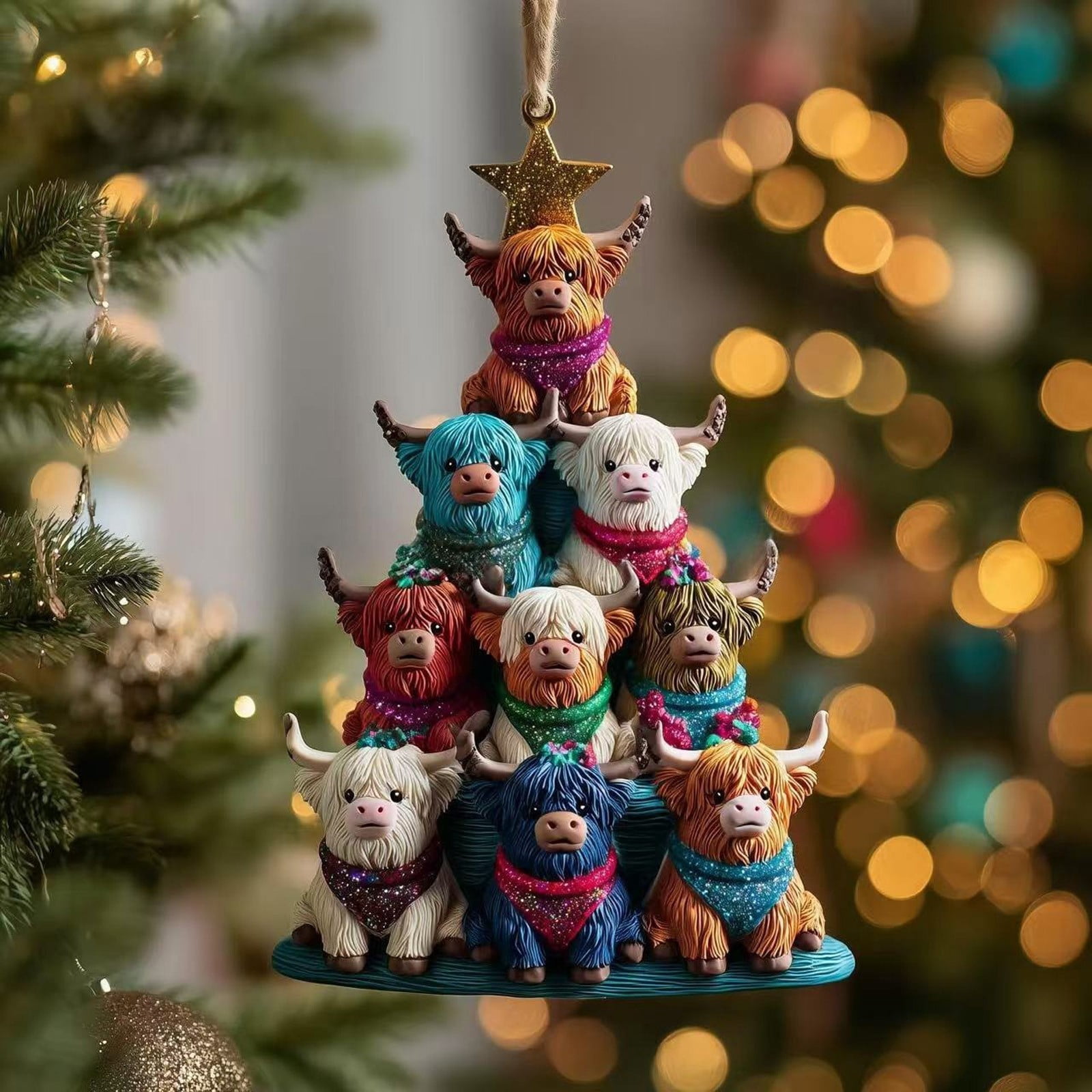 Stacked Highland Cow Christmas Tree Ornament - 2D Acrylic Flat Cow ...