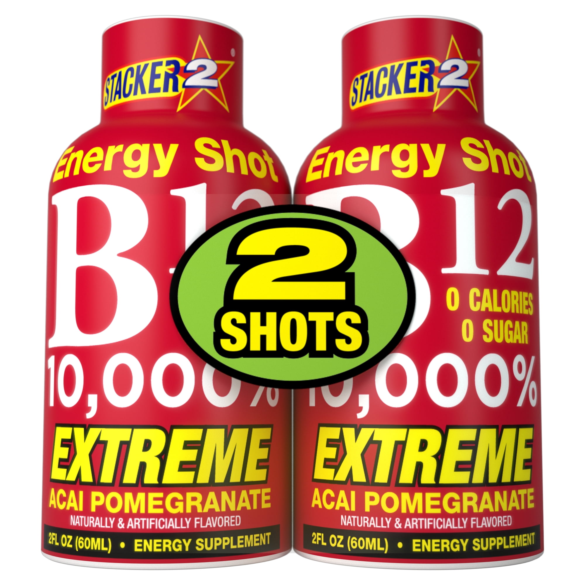 Stacker 2 Extreme B12 10,000% Energy Shot Acai Pomegranate, 2 fl oz, 2 ...