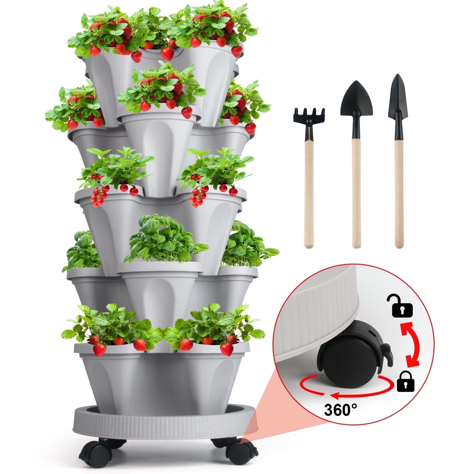 5-Tier Gray Stacking Flower Pot - Space Saving Stackable Plastic Herb ...