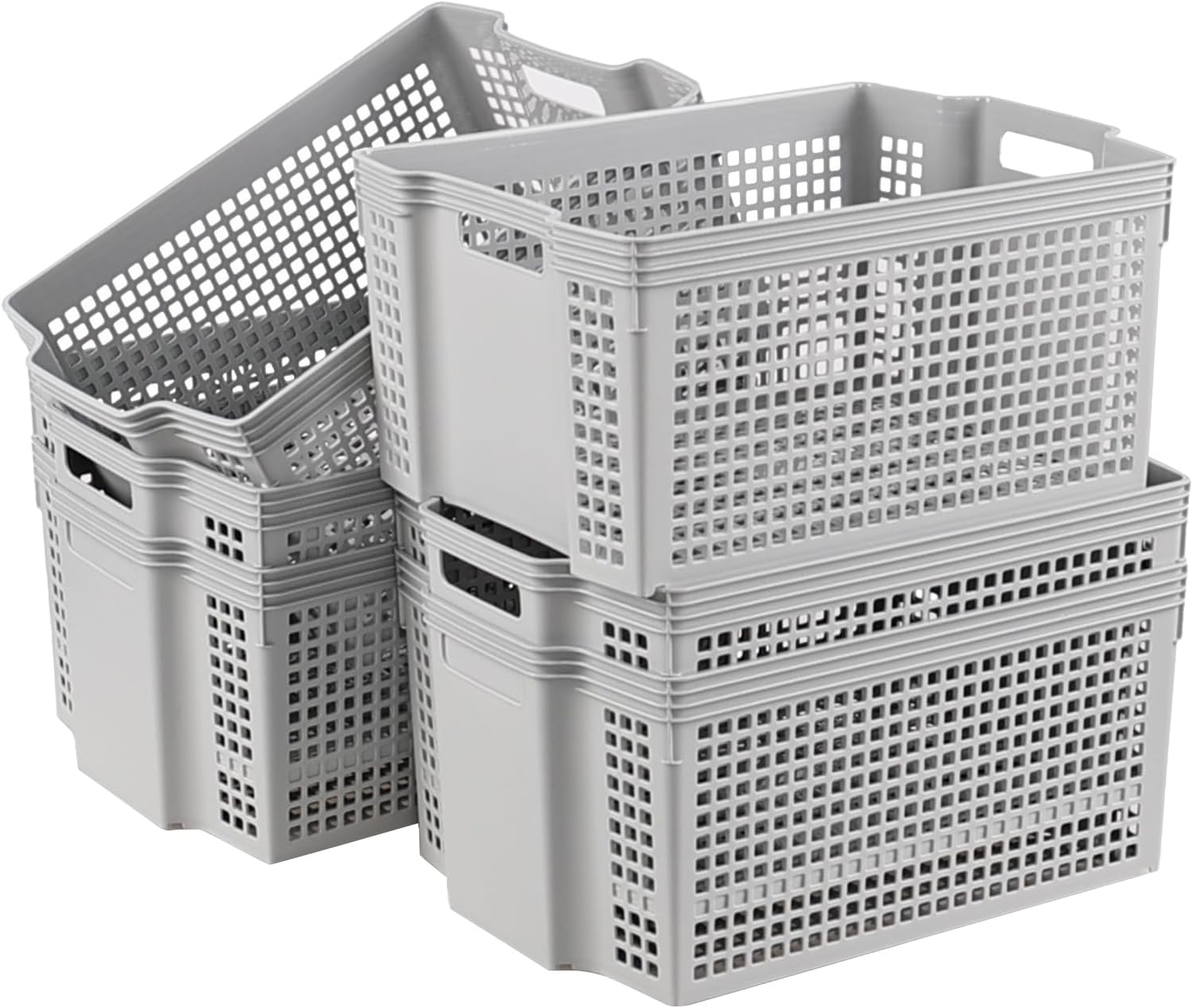 Stacking Plastic Storage Basket, 6-Pack Plastic Organizer Bins, Gray ...